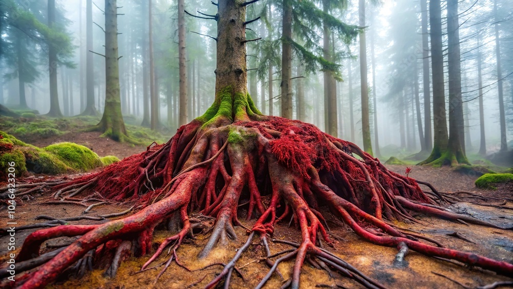 A bundle of crimson-colored, slime-covered roots bursts forth from a ...