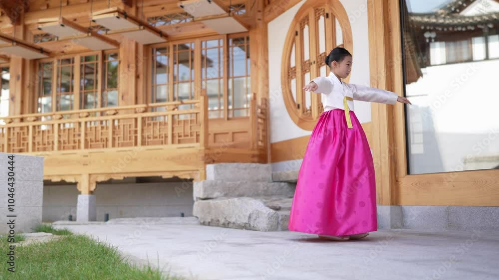 A 9-year-old Korean girl happily dances a traditional Korean dance in ...