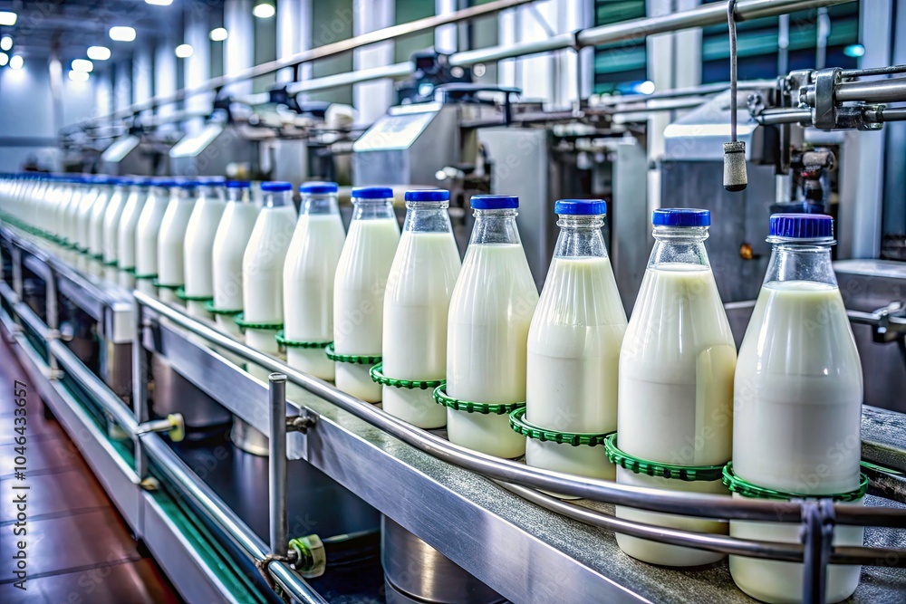 Foto de Minimalist Milk Bottles Filling Line in Dairy Factory ...