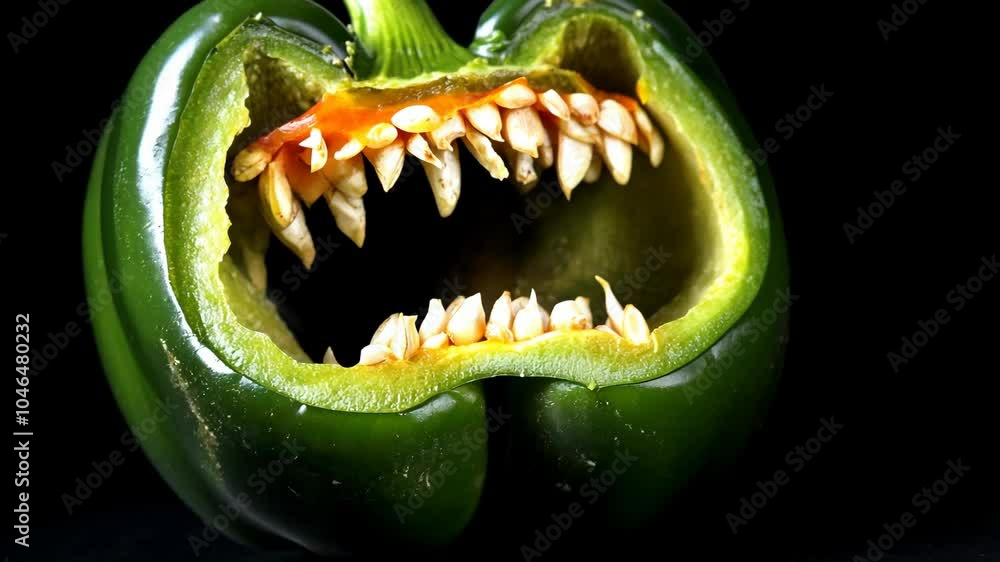 A green bell pepper is carved to look like a monster with sharp teeth ...