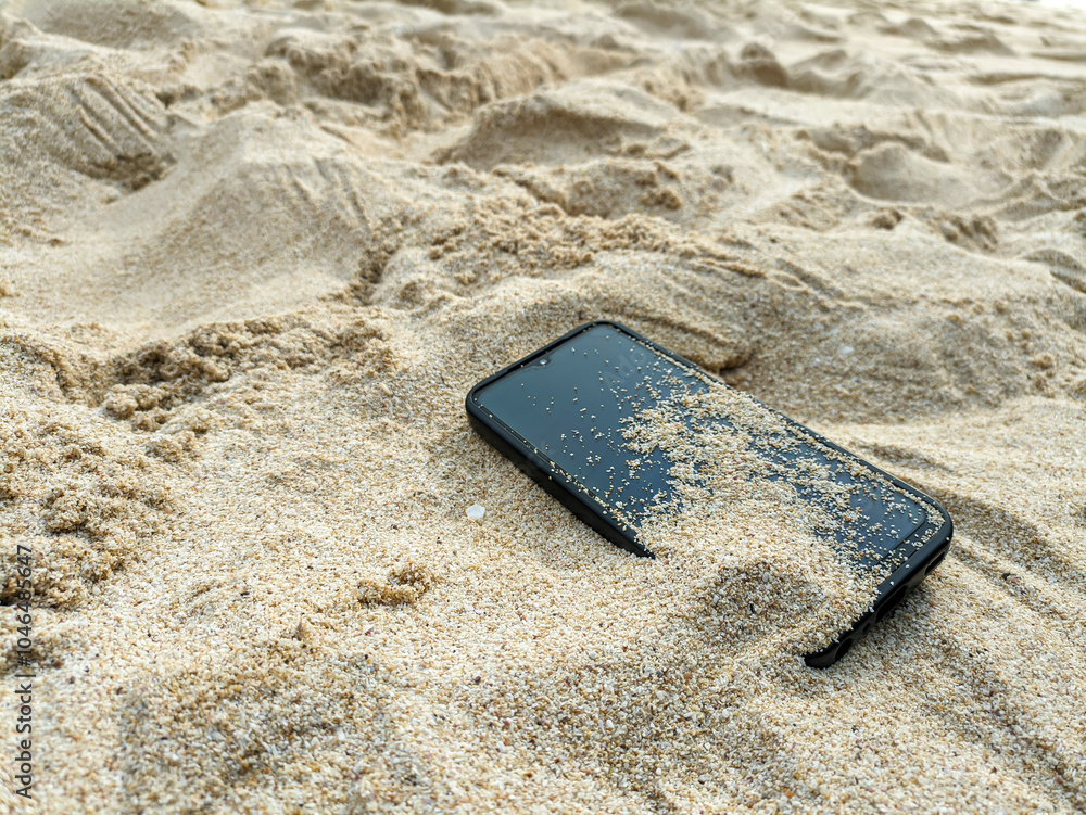 Black smartphone buried in the sand on the beach by the sea. Waste or ...