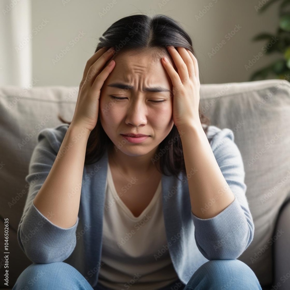Stressed woman sitting on a couch with her hands on her head, showing ...