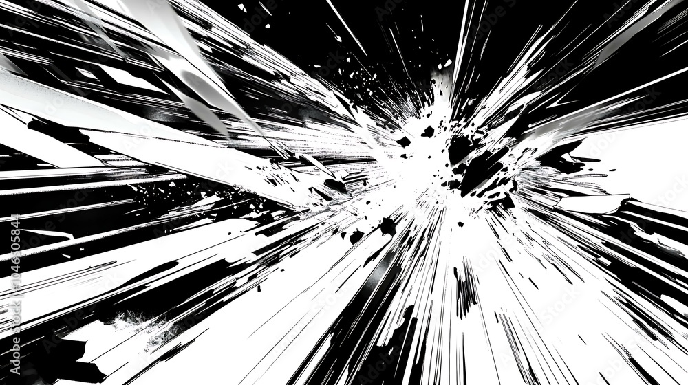 High-energy black and white comic book design with bold, converging ...