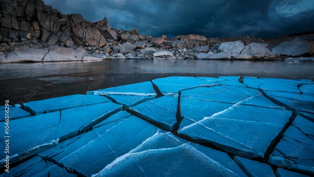 Deep blue ice cracks and spreads across a frozen lake, forming a ...