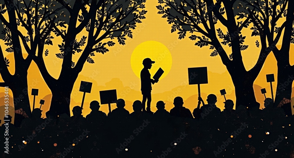 Unity in black and gold with rough textures, trees, and protest signs ...