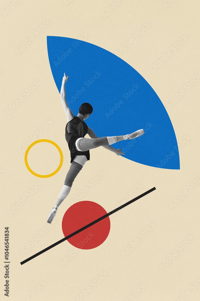 Contemporary art collage. Dancer performs graceful leap in front of ...