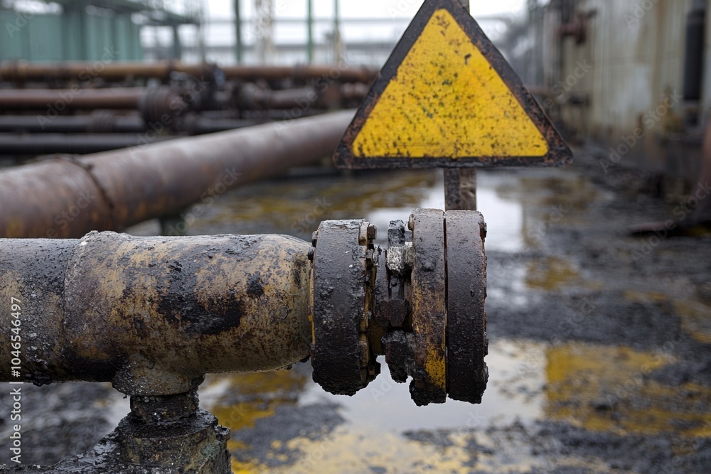 Gas leaking from a pipe joint in an industrial setting, with a warning ...
