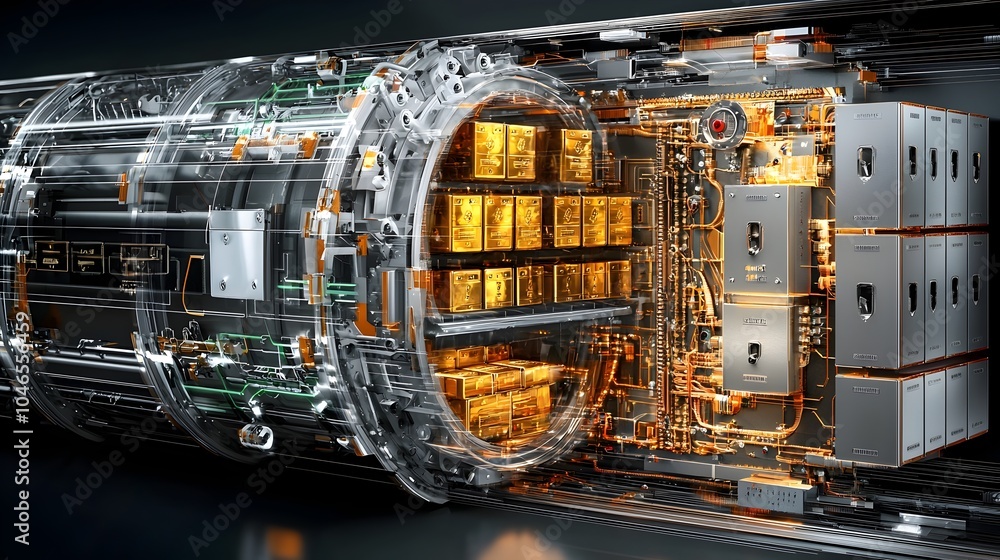 Detailed cross section view of a well fortified bank vault interior ...