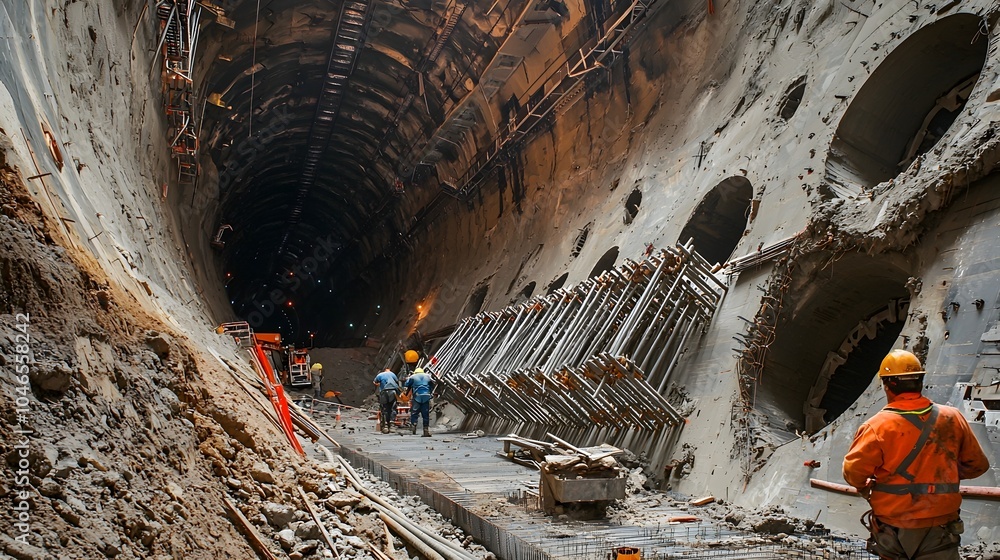 Detailed view of a deep excavation site featuring temporary steel ...