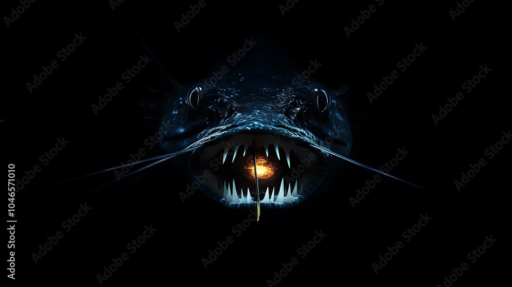 Mysterious deep-sea creature with bioluminescent lure and sharp teeth ...