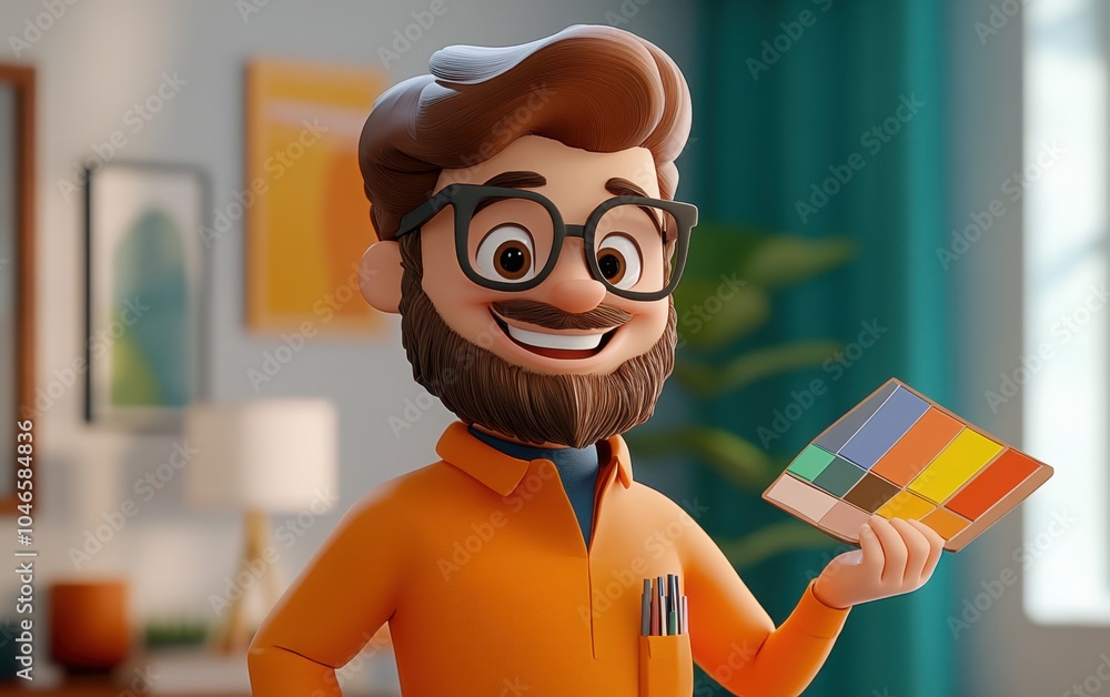 A 3D cartoon emoji of an interior designer holding a color palette and ...
