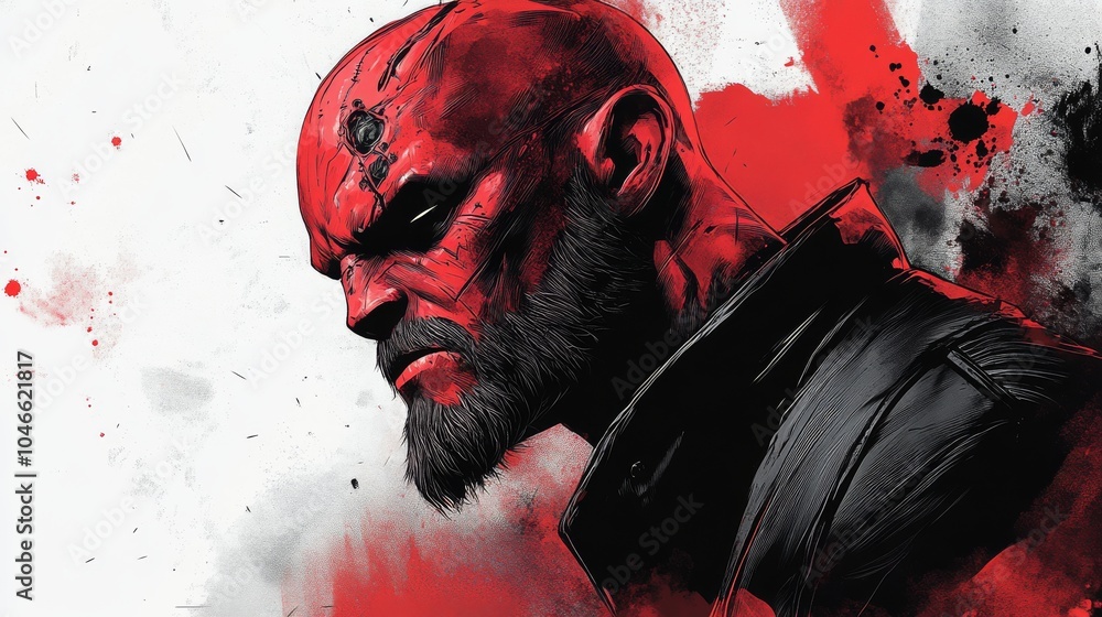 A detailed illustration of a red-skinned male character with a beard ...