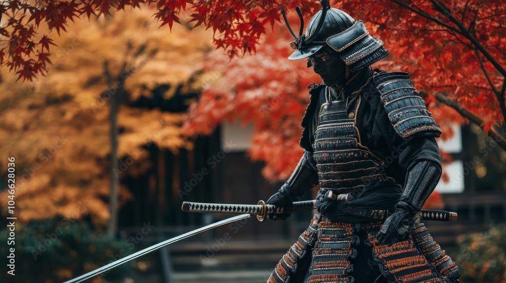 Samurai Warrior in Traditional Armor, a fierce figure standing resolute with a katana, set ...