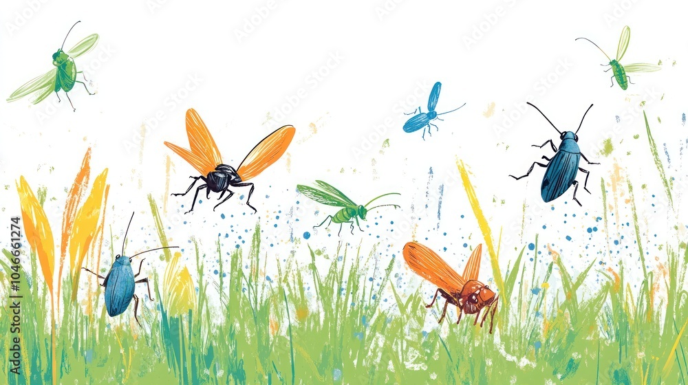 Colorful cartoon insects fly and crawl in a field of green grass with ...