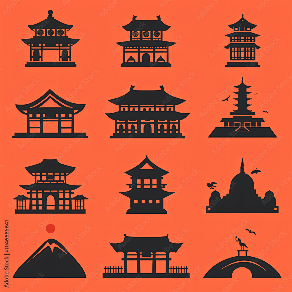Set of Traditional Asia Chinese Korean Japanese Pagoda Temple Symbol ...