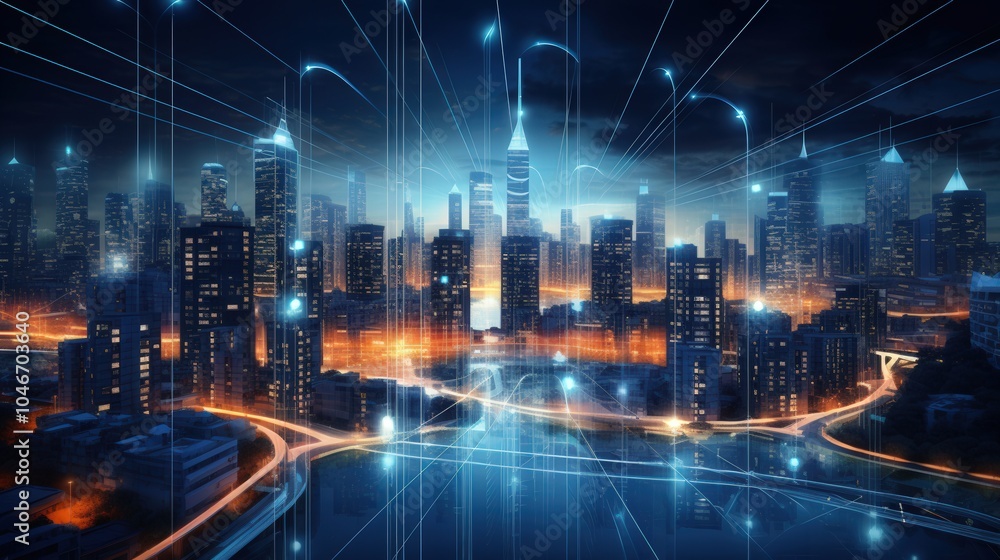 Smart city on a dark blue background, featuring intelligent ...