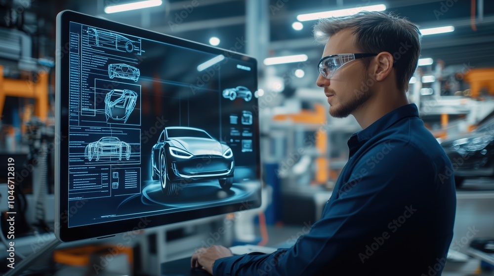 Automotive designer working on 3D car model. Automotive engineer uses ...