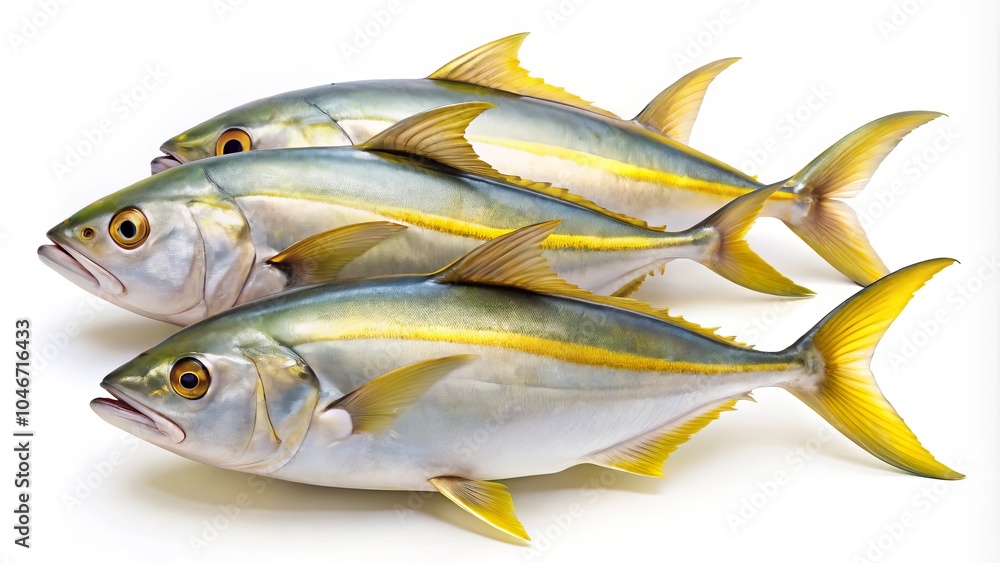 Three Yellowtail Amberjack Fishes on a White Background for Culinary ...
