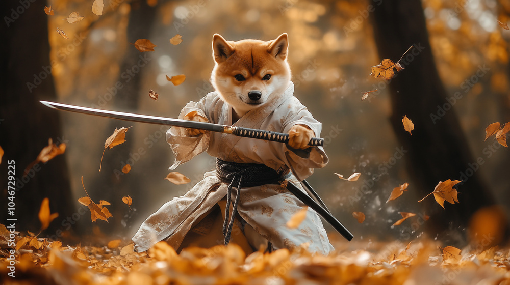 Cute Shiba Inu in traditional Japanese is practicing martial arts with ...