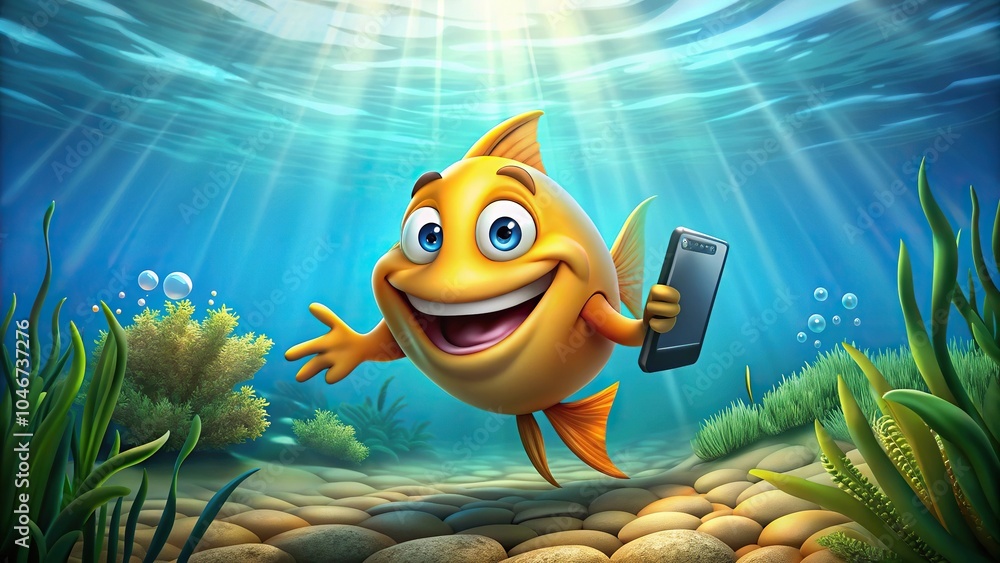 A cartoon fish swimming in the ocean with a big smile on its face and a ...