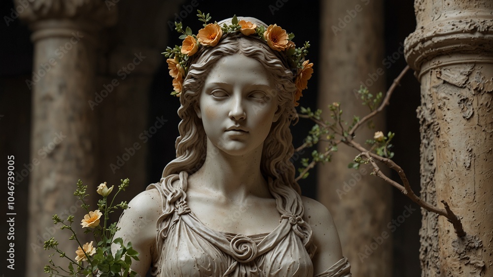 Sculpt Persephone holding a floral wreath, standing at the border ...