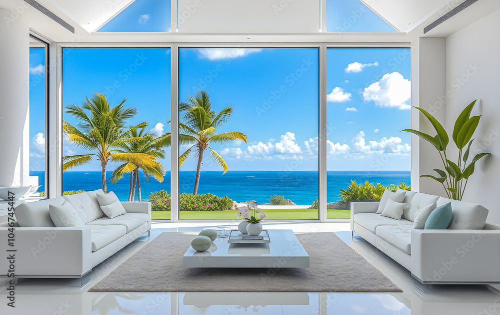 Modern oceanfront terrace living room with minimalist design clean ...