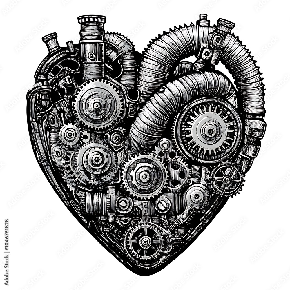 Steampunk heart composed of gears, pipes, mechanical components, human ...