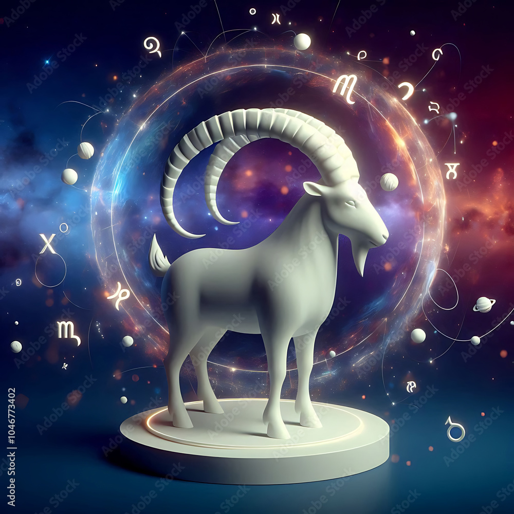 Steinbock Symbol vor Universum aus Sternen, Planeten und Zeichen ...