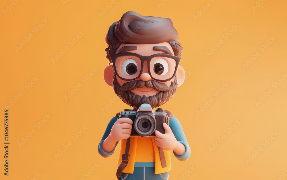 Design a 3D cartoon emoji featuring a photographer with a camera slung ...