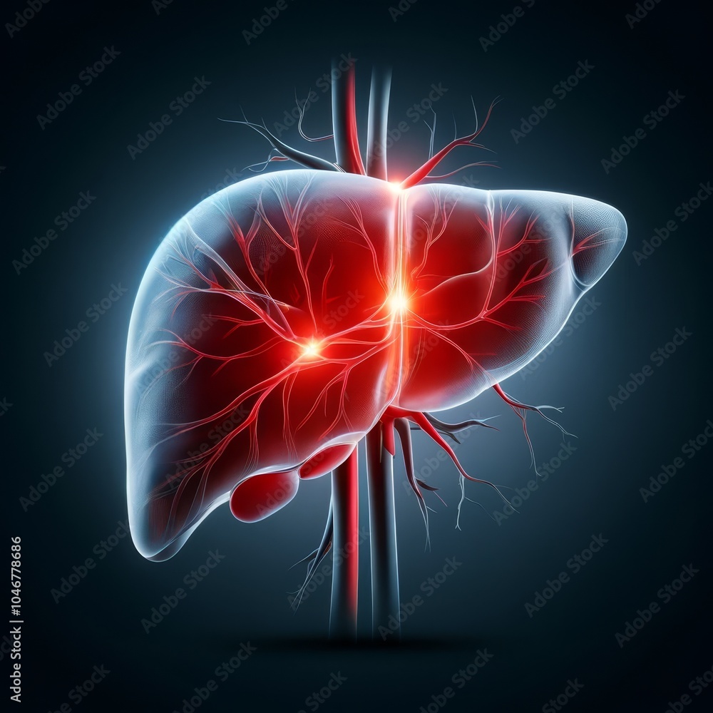 3D illustration of human liver anatomy with detailed blood vessels on a ...