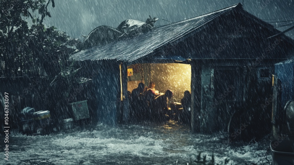 A scene of people huddled in a shelter during a hurricane, with the ...
