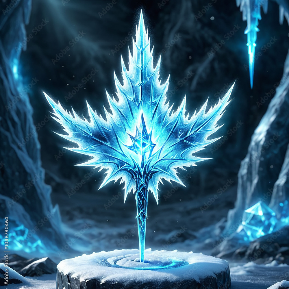 A glowing blue ice crystal shaped like a leaf stands on a snowy ...