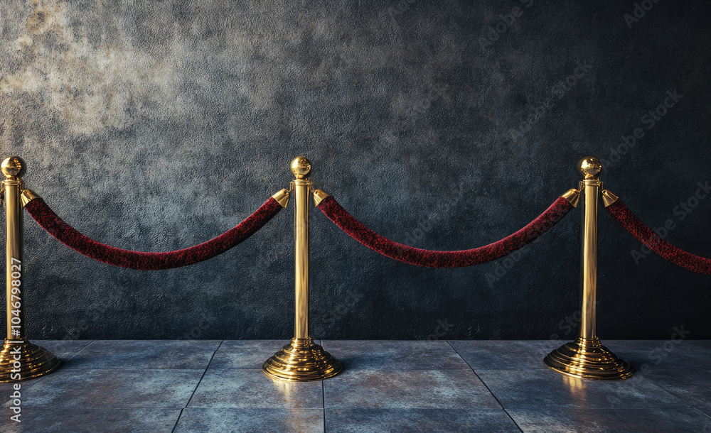 Elegant red velvet ropes on brass stanchions form closed barrier ...