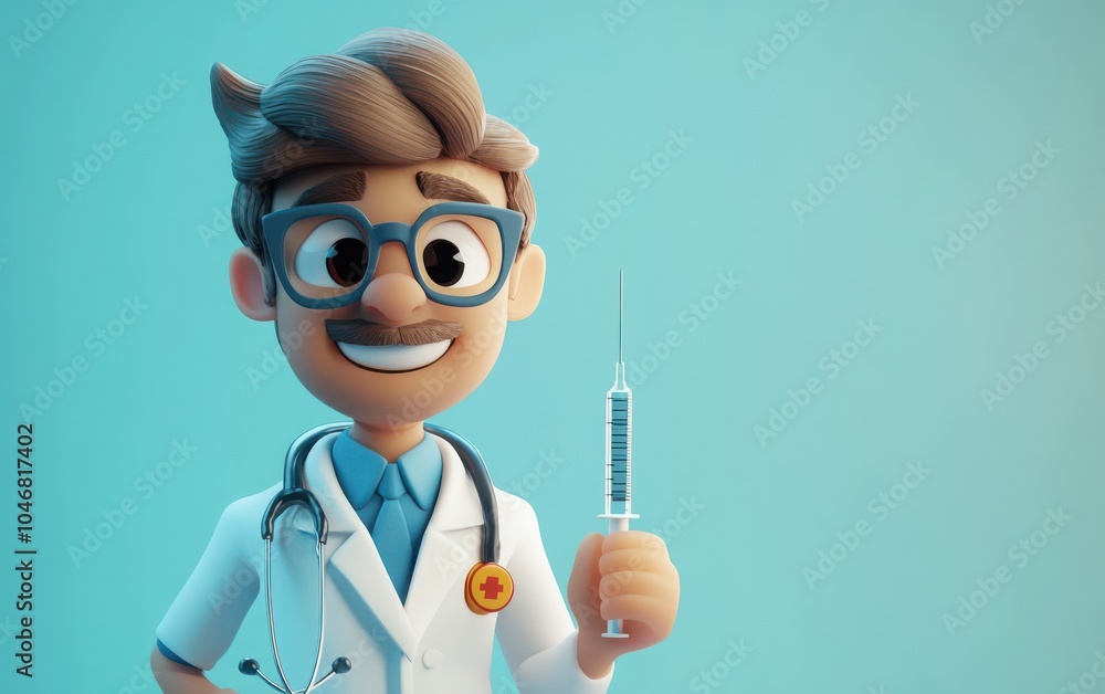 Illustrate a 3D cartoon emoji of a doctor wearing glasses and a lab ...