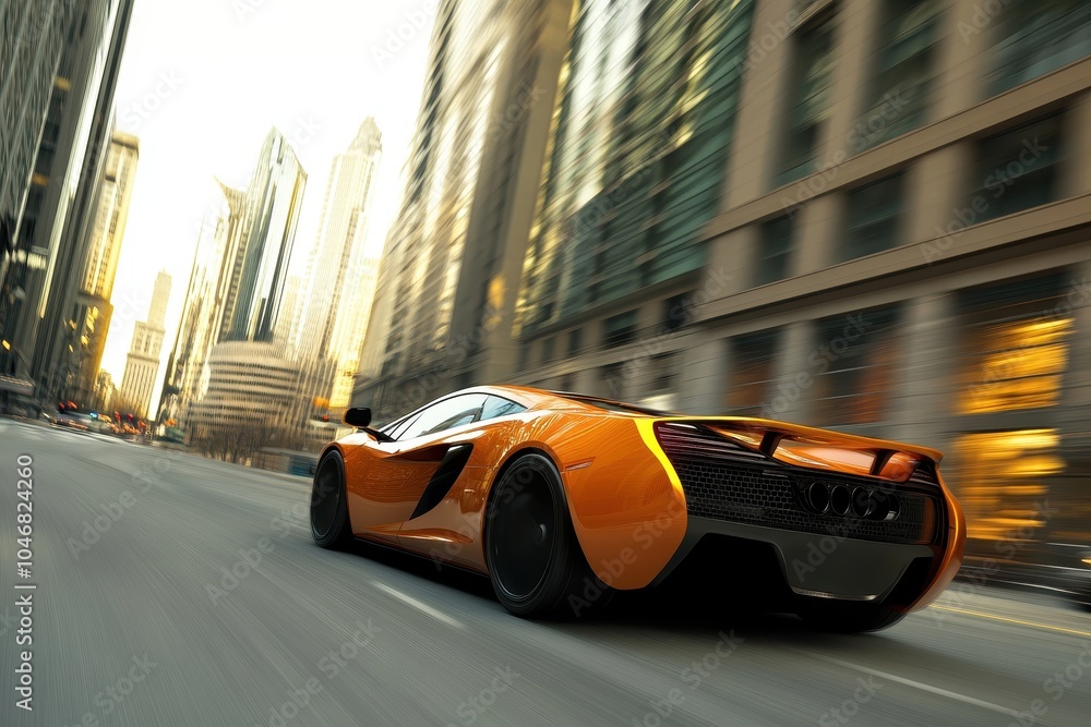 A sleek, orange sports car speeds down a city street, with tall ...