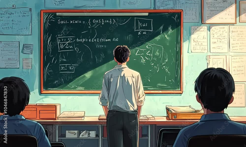 Teacher Facing Chalkboard in Classroom with Students illustration ...