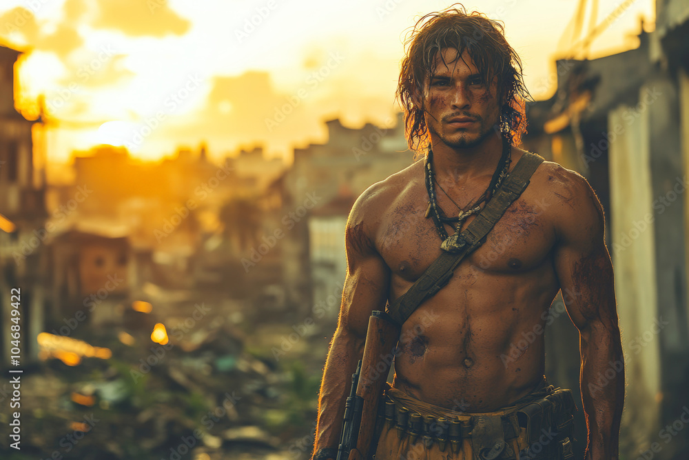 The warrior man with a rifle standing in traditional Palestinian attire ...