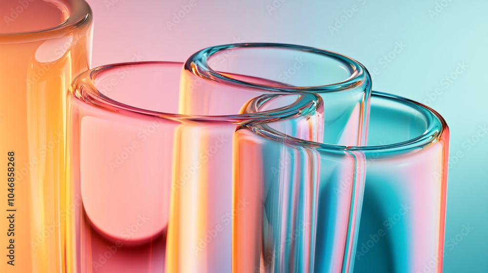 Colorful glass tumbler on a reflective surface with soft pastel ...