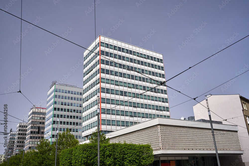 facades of modern, multi-storey office buildings in the city of Poznan ...