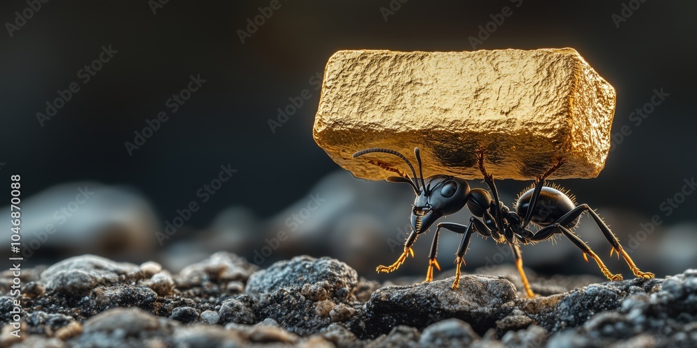 An ant carrying a gold bar on its back, symbolizing strength ...