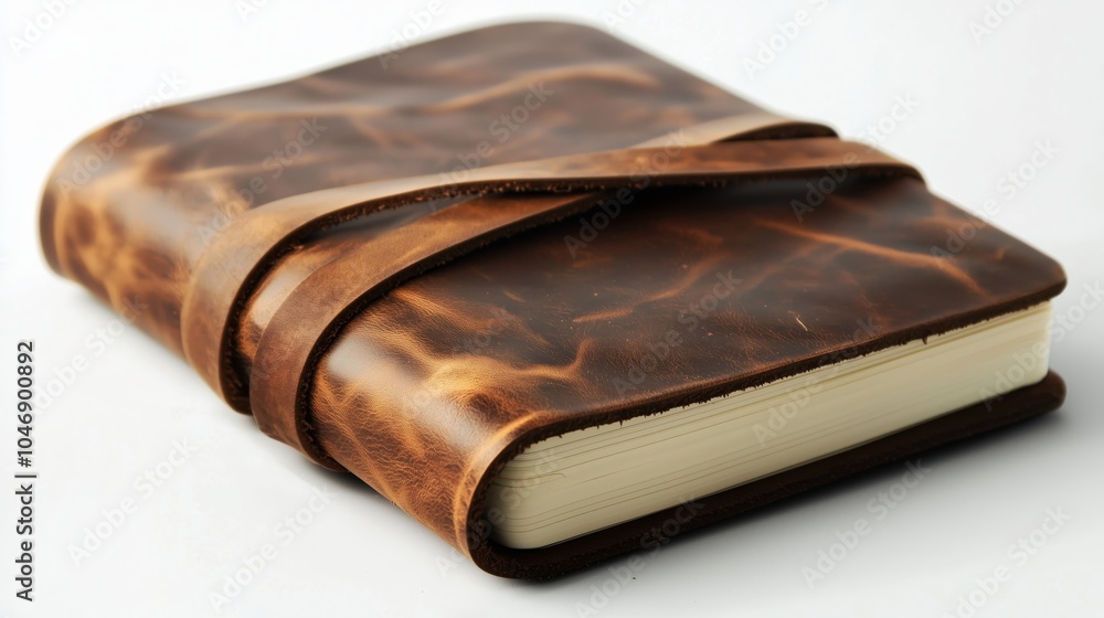 Leather notebook with a brown finish and smooth cover, closed with a ...