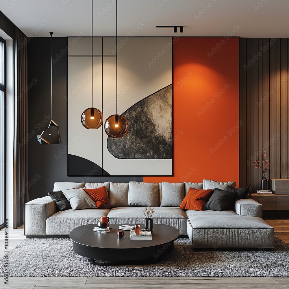 Modern living room with bold accent walls, contrasting colors, unique ...
