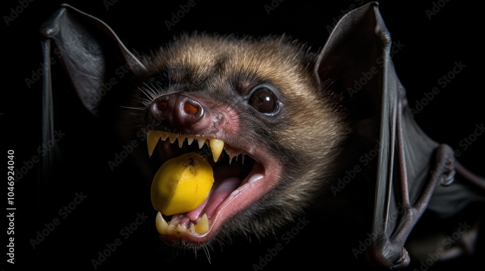 a close-up of a bat's face, its mouth open wide and its eyes closed in ...