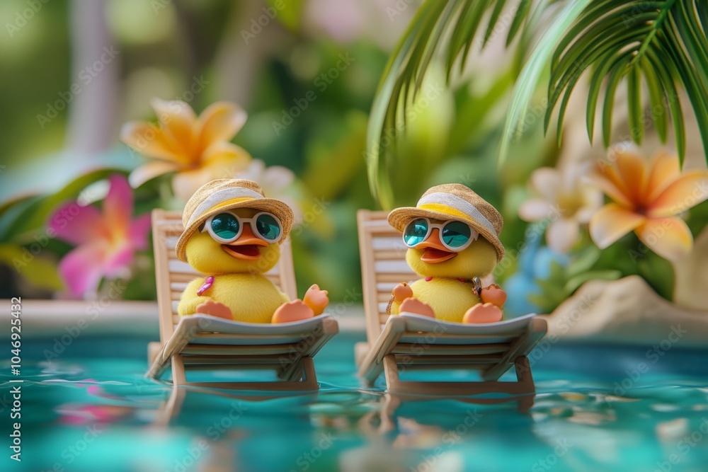 Two cute rubber ducks relax by the pool in tropical paradise. They wear ...