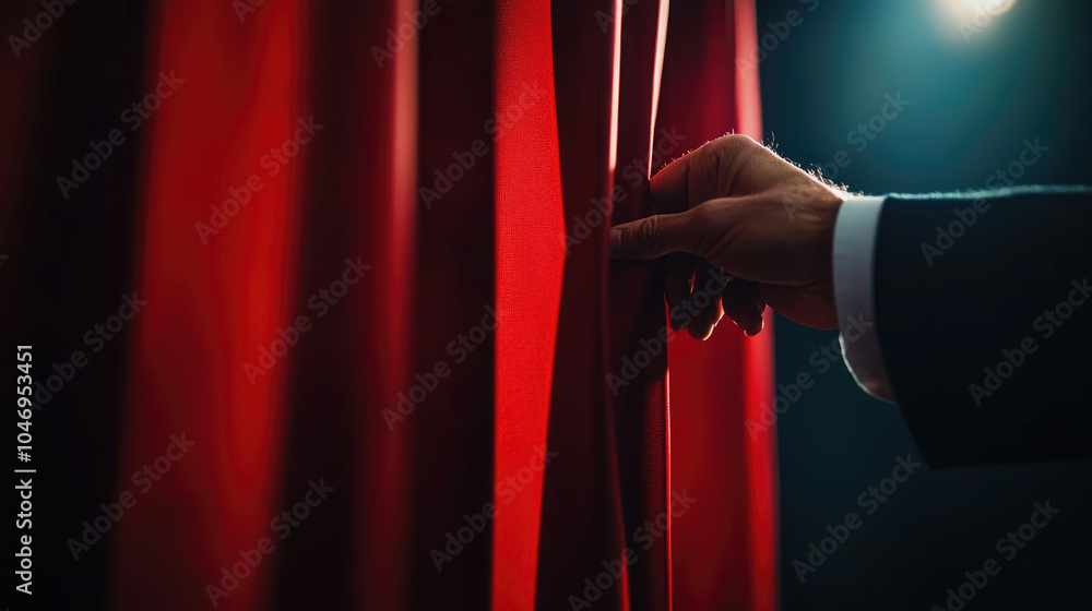 A hand is pulling aside a red curtain, hinting at a reveal or ...
