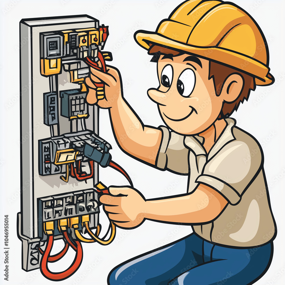 This image shows a cartoon of an electrical engineer working on ...