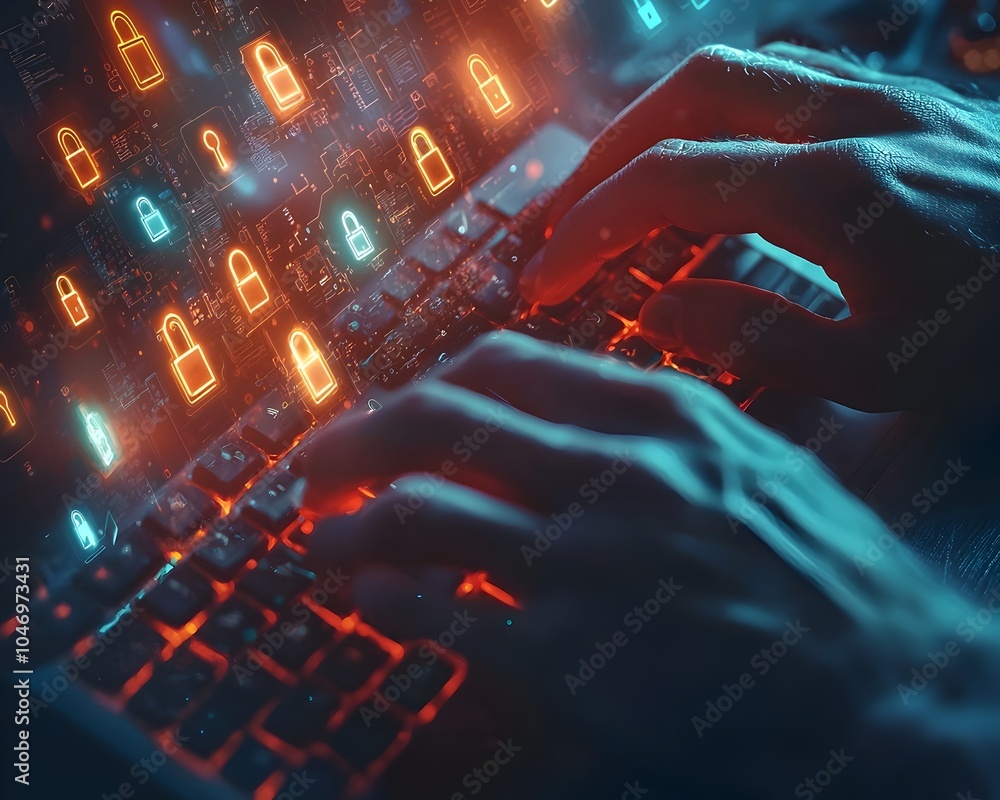 Hacker s Hands Cracking Digital Encryption Codes with Glowing Keyboard ...