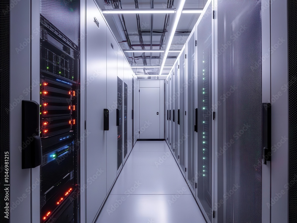 a sleek, empty modern server room filled with large servers, intricate ...