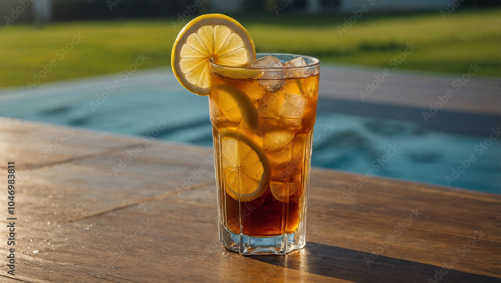 Tall glass of iced lemon tea with ice cubes and fresh lemon slices, condensation on the glass in ...