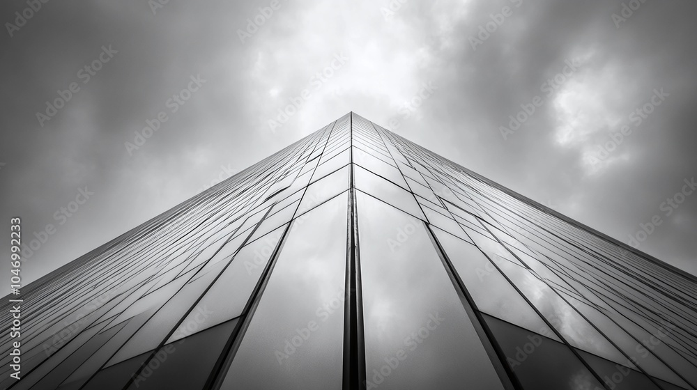 An upward vertical perspective of a modern skyscraper, focusing on its ...